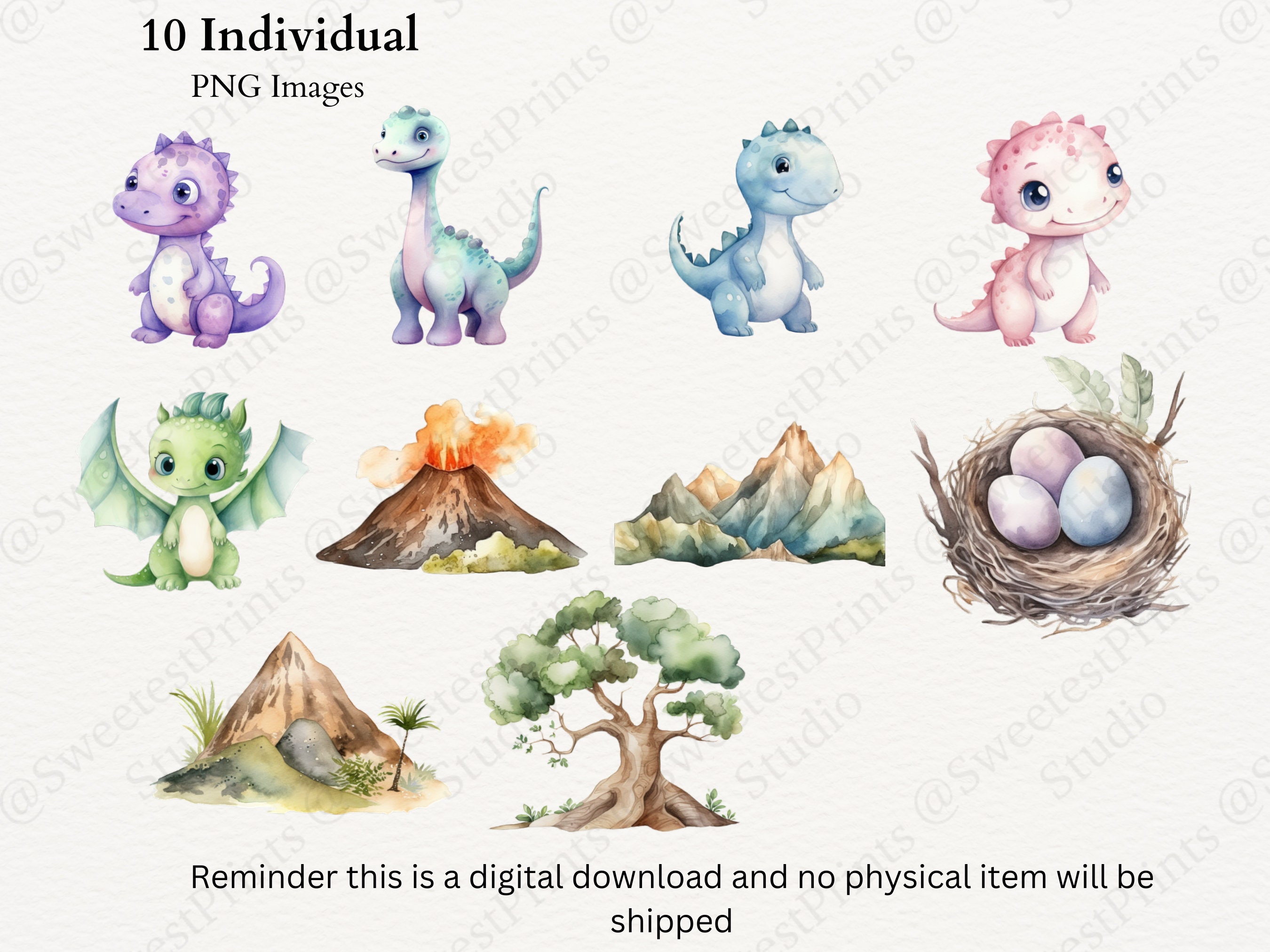 Watercolor Cute Baby Dino Clipart Bundle, Adorable Dinosaur Birthday ...