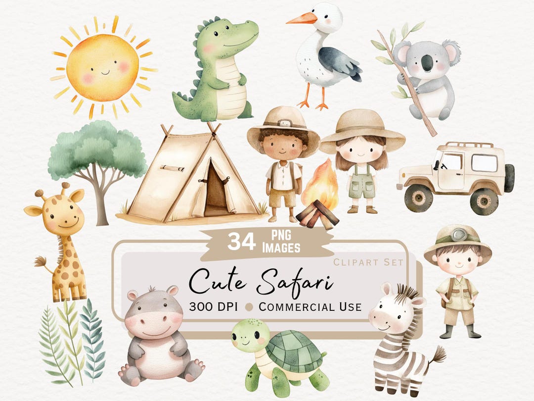 Cute Watercolor Safari Clipart Bundle, Adorable Illustrations for Baby ...