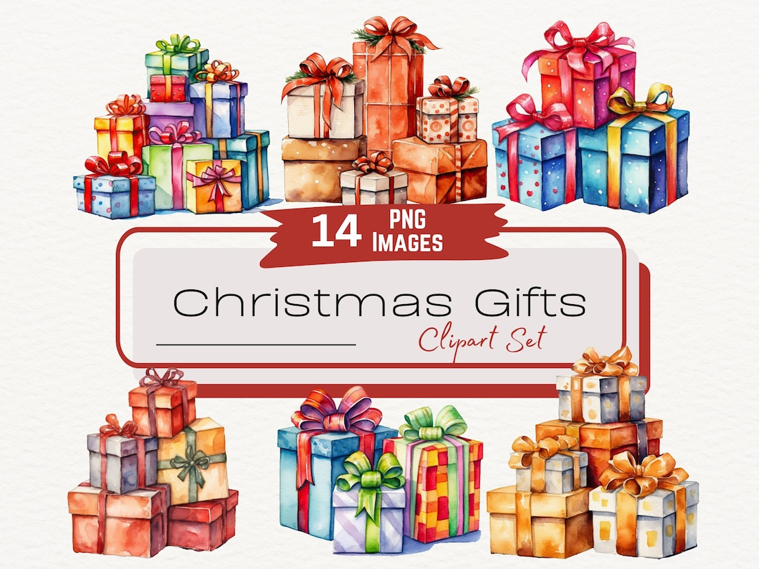 Christmas Gifts Watercolor Clipart Set, Wrapped Gifts Illustration PNG ...