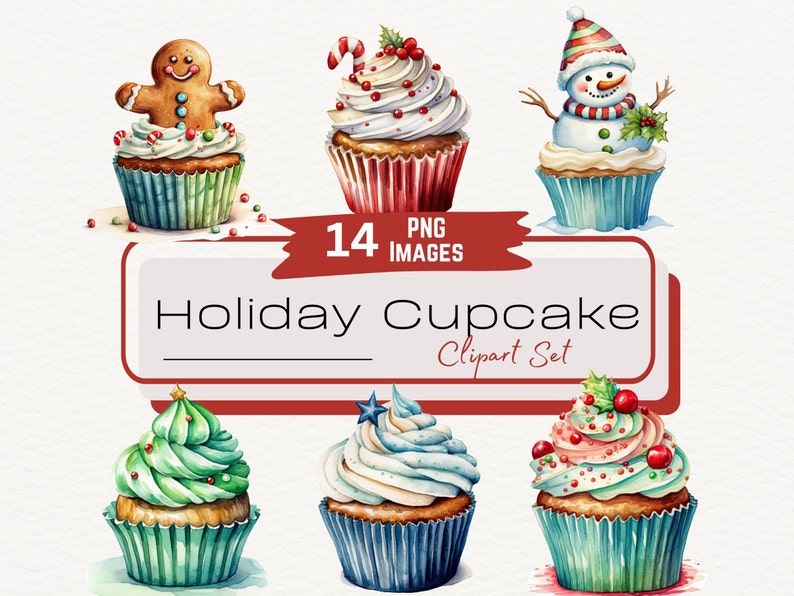 Christmas Cupcake Watercolor Clipart Bundle, Holiday Cupcake ...