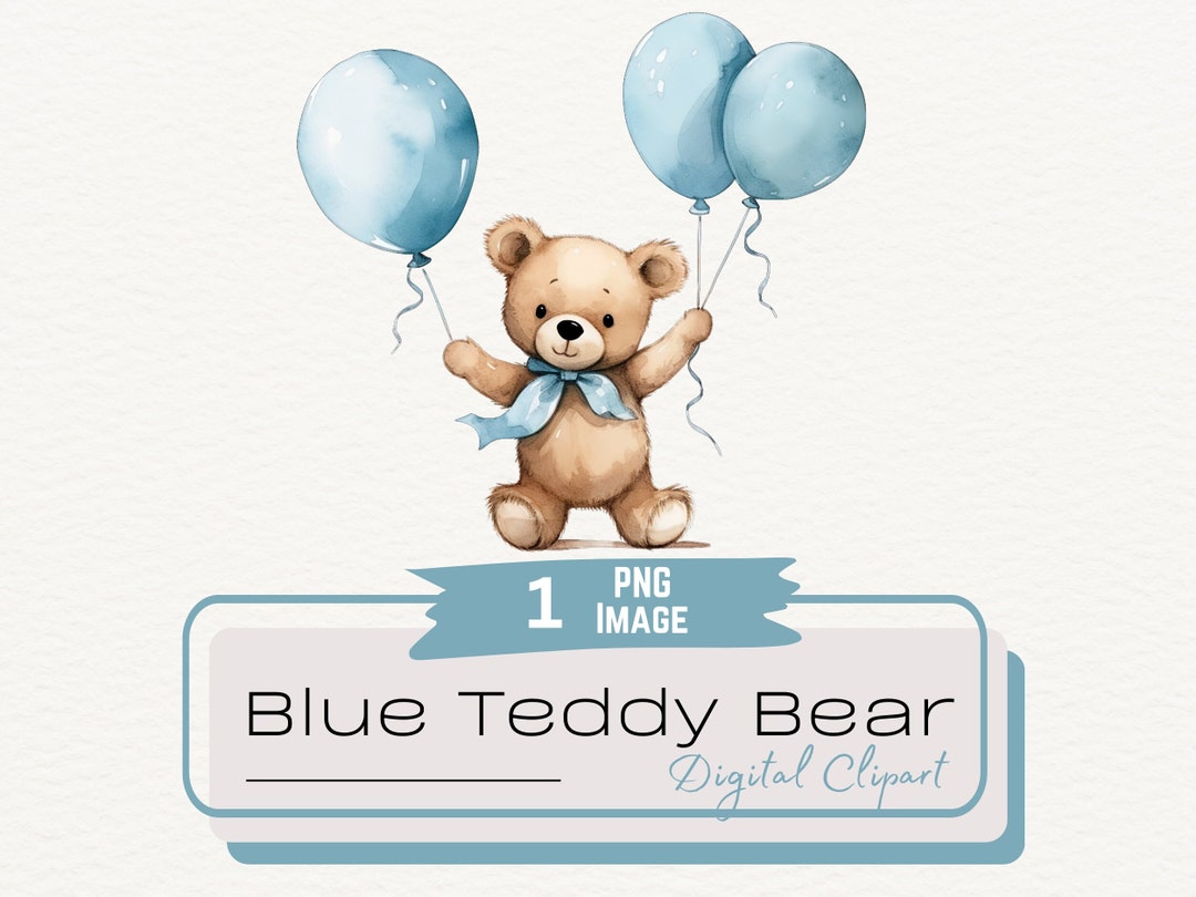 Single Baby Blue Teddy Bear Watercolor Clipart, Baby Shower Balloons ...