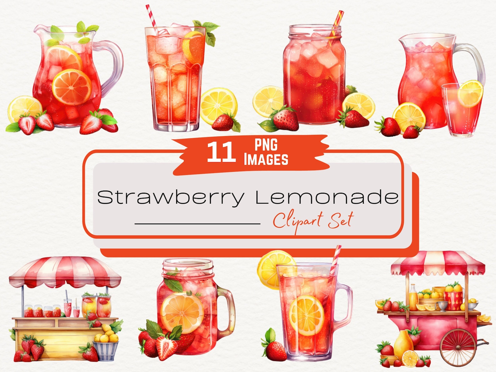 Watercolor Strawberry Lemonade Clipart Bundle, Refreshing Summer Drinks ...