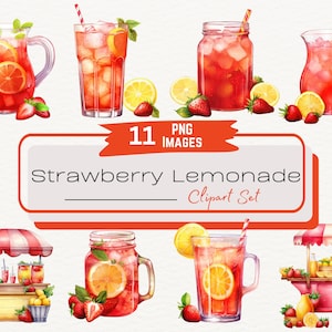 Watercolor Strawberry Lemonade Clipart Bundle, Refreshing Summer Drinks ...