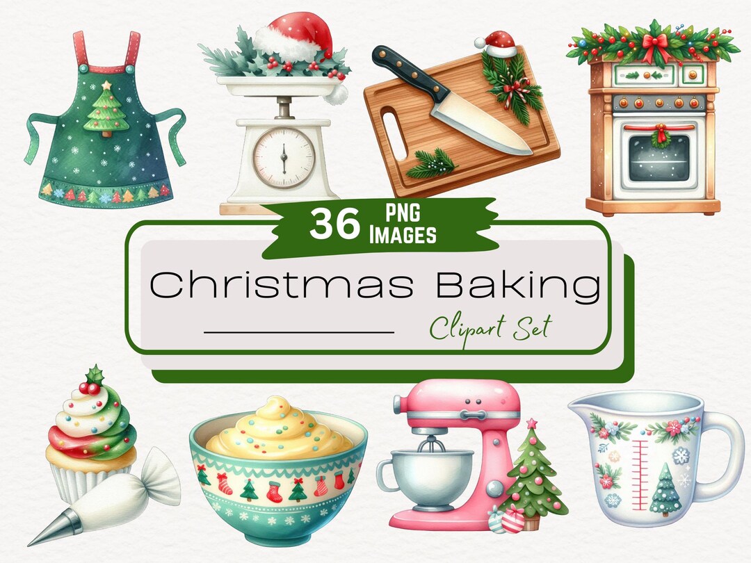 Watercolor Christmas Baking Clipart Bundle, Vintage Holiday Kitchen ...