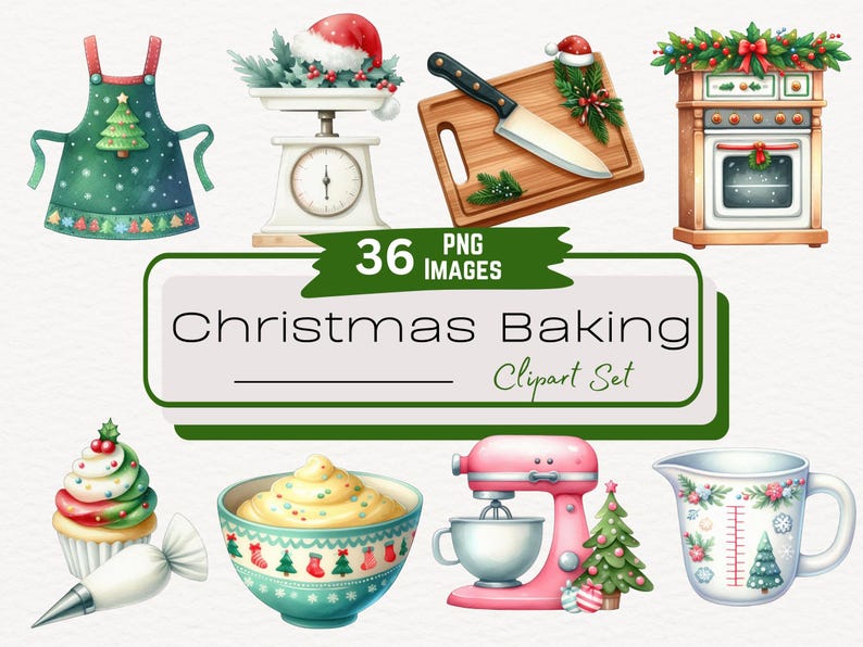 Watercolor Christmas Baking Clipart Bundle, Vintage Holiday Kitchen ...