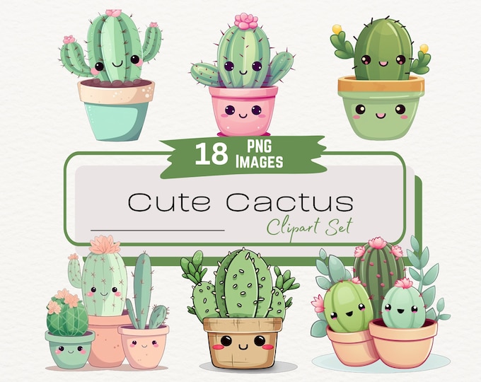 Kawaii Cactus Clipart Set, Cactus Illustration Set, Cute Succulent ...