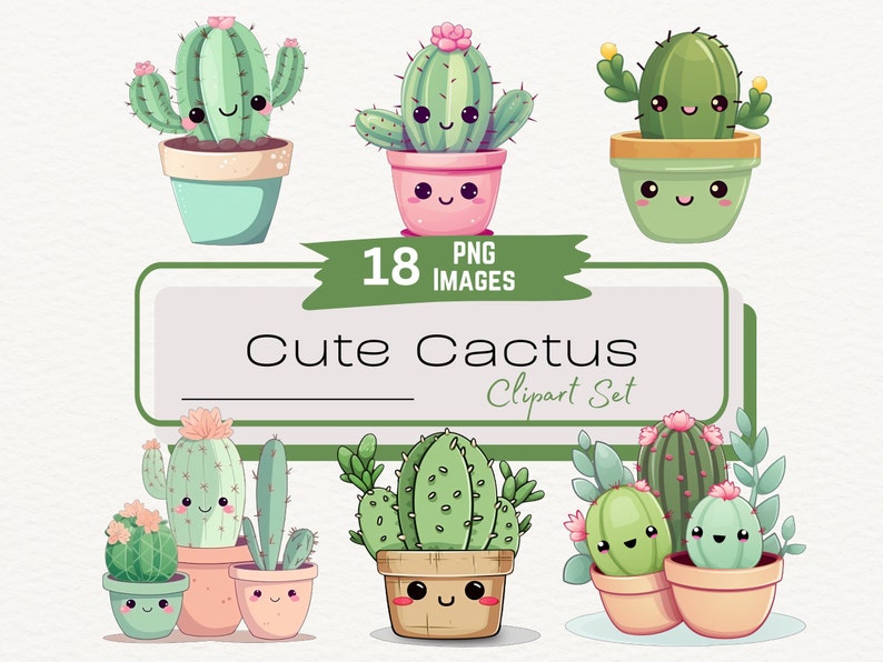 Cute Kawaii Cactus Clipart, Cacti Succulents PNG Bundle, Adorable ...