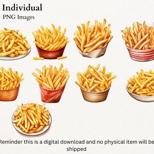 French Fries Watercolor Clipart Bundle, Fast Food Digital Illustration ...
