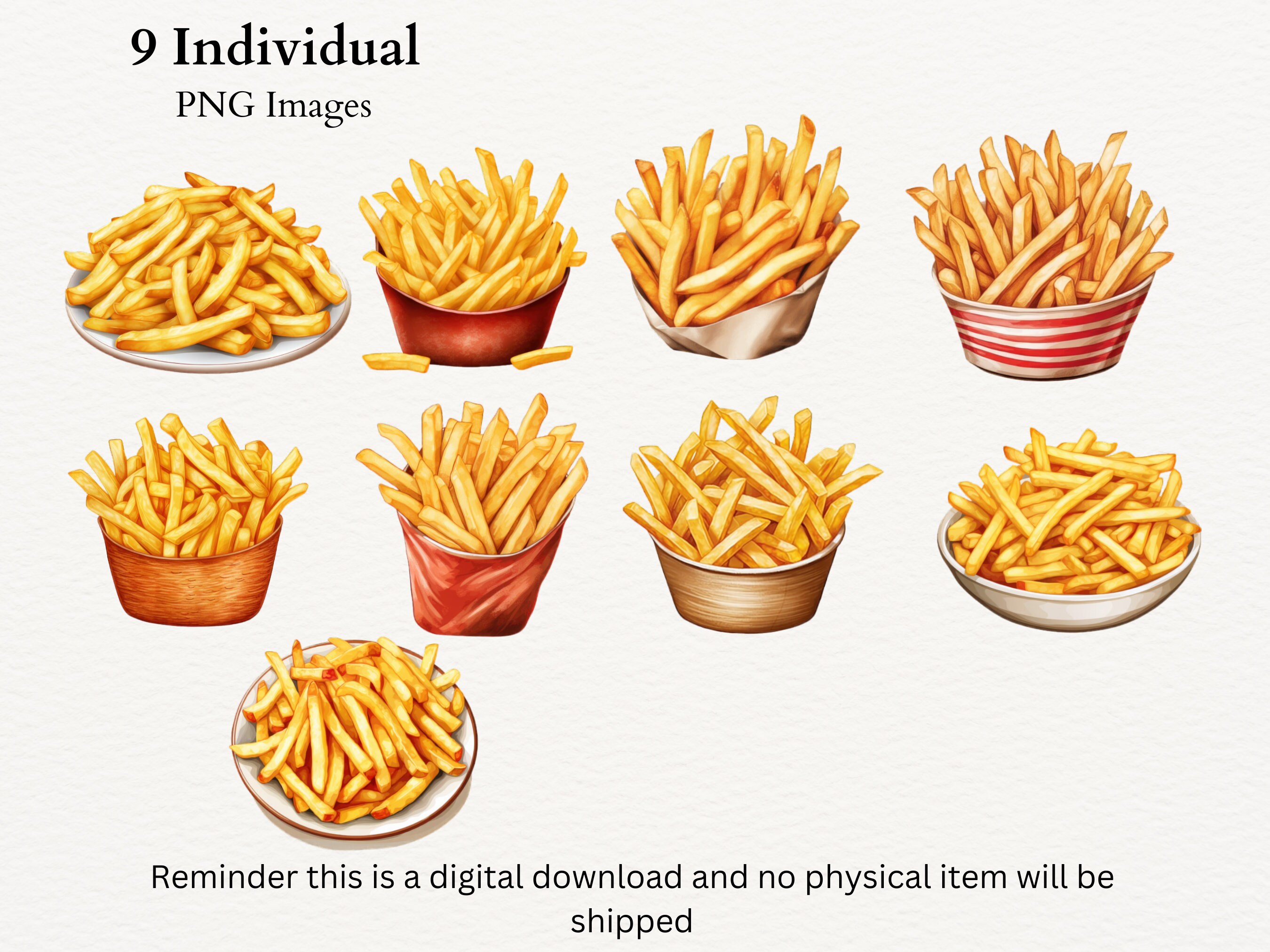 French Fries Watercolor Clipart Bundle, Fast Food Digital Illustration ...