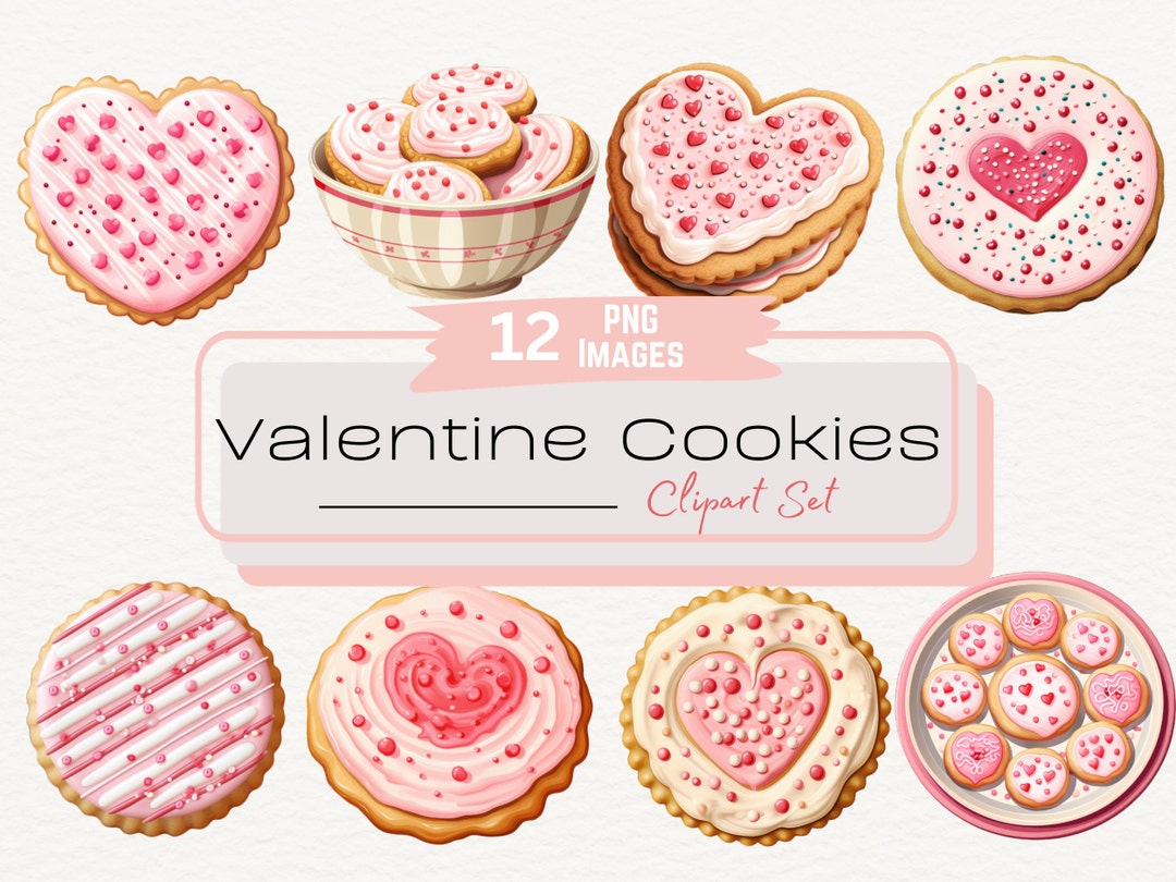 Cute Watercolor Valentine's Day Heart Cookie Clipart Bundle, Pink Red ...