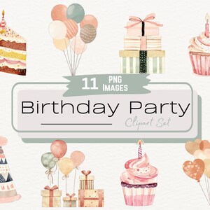 Watercolor Cute Pastel Birthday Party Clipart Bundle, Birthday Cake ...
