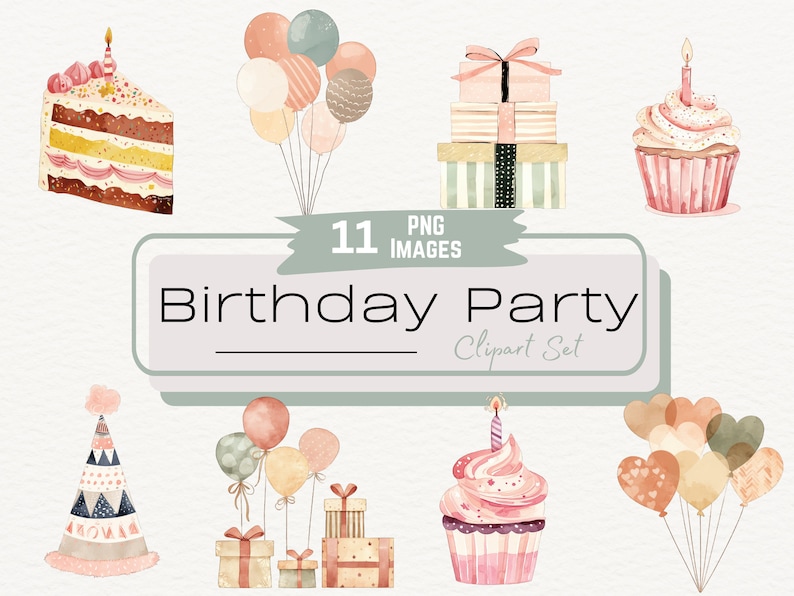 Watercolor Cute Pastel Birthday Party Clipart Bundle, Birthday Cake ...