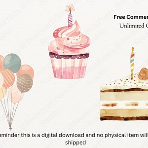 Watercolor Cute Pastel Birthday Party Clipart Bundle, Birthday Cake ...