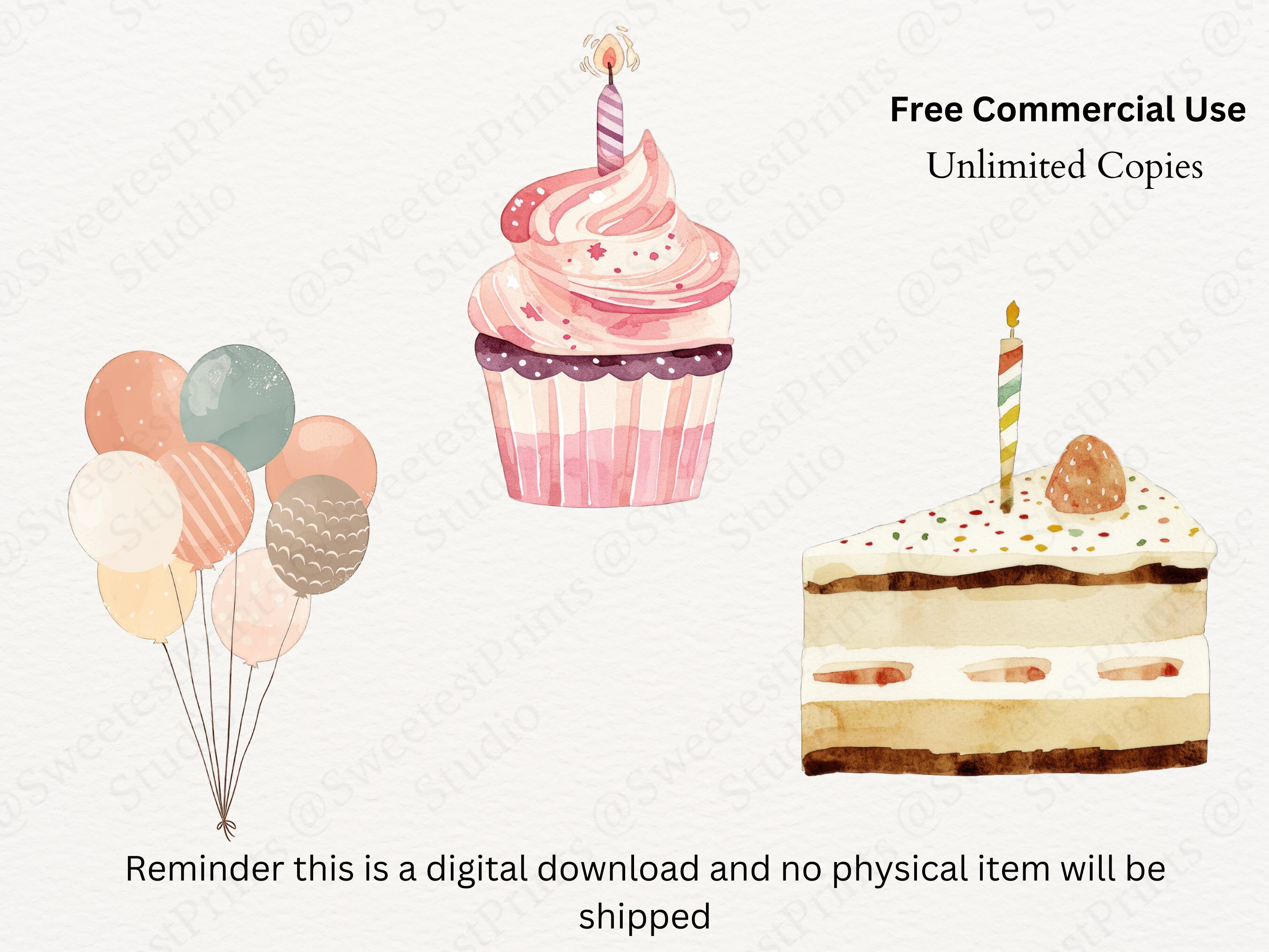 Watercolor Cute Pastel Birthday Party Clipart Bundle, Birthday Cake ...