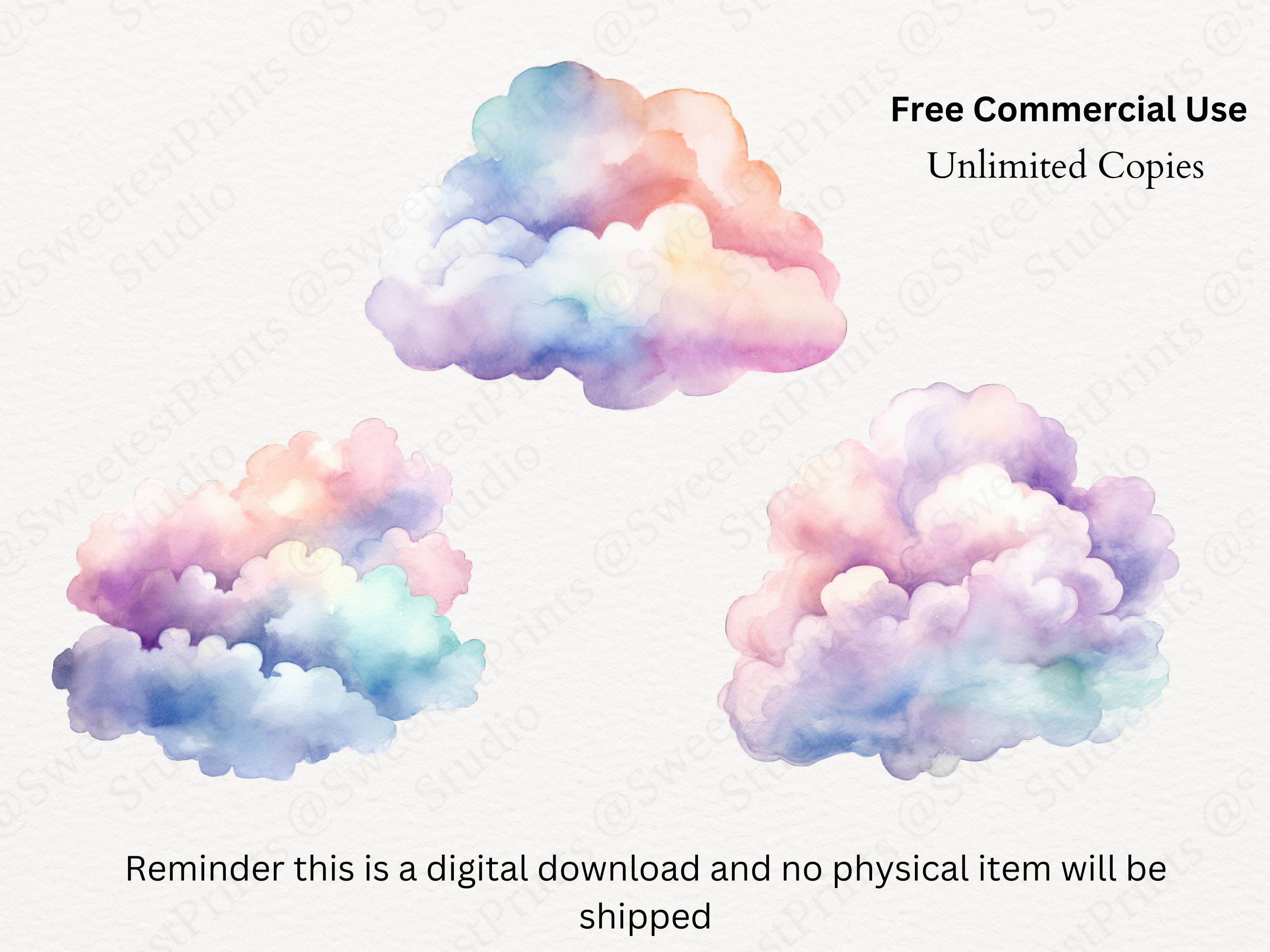 Watercolor Pastel Clouds Clipart Bundle, Cute Nursery Rainbow Digital ...
