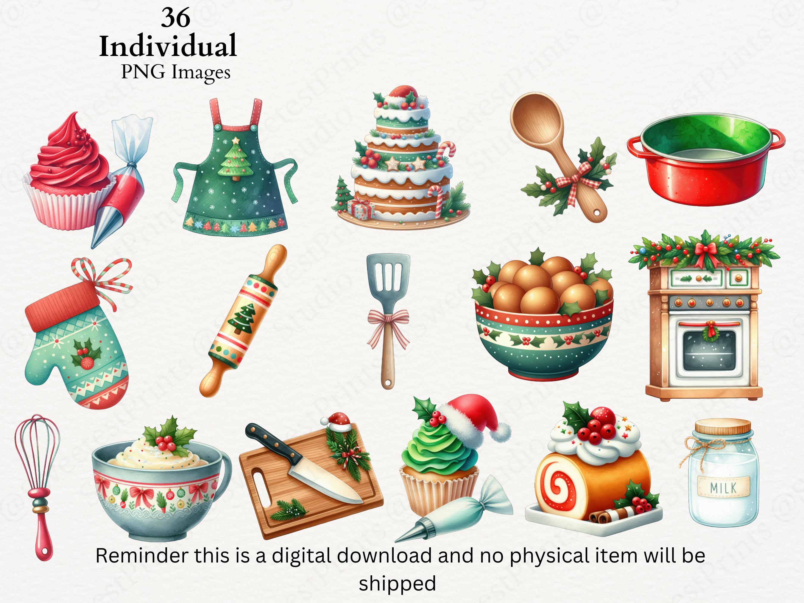 Watercolor Christmas Baking Clipart Bundle, Vintage Holiday Kitchen ...