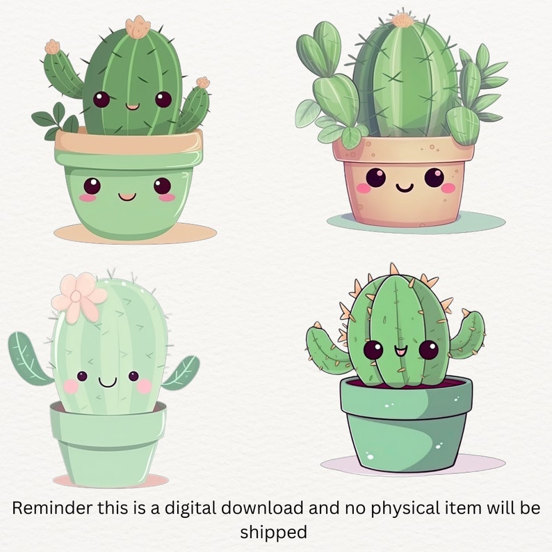 Cute Kawaii Cactus Clipart, Cacti Succulents PNG Bundle, Adorable ...
