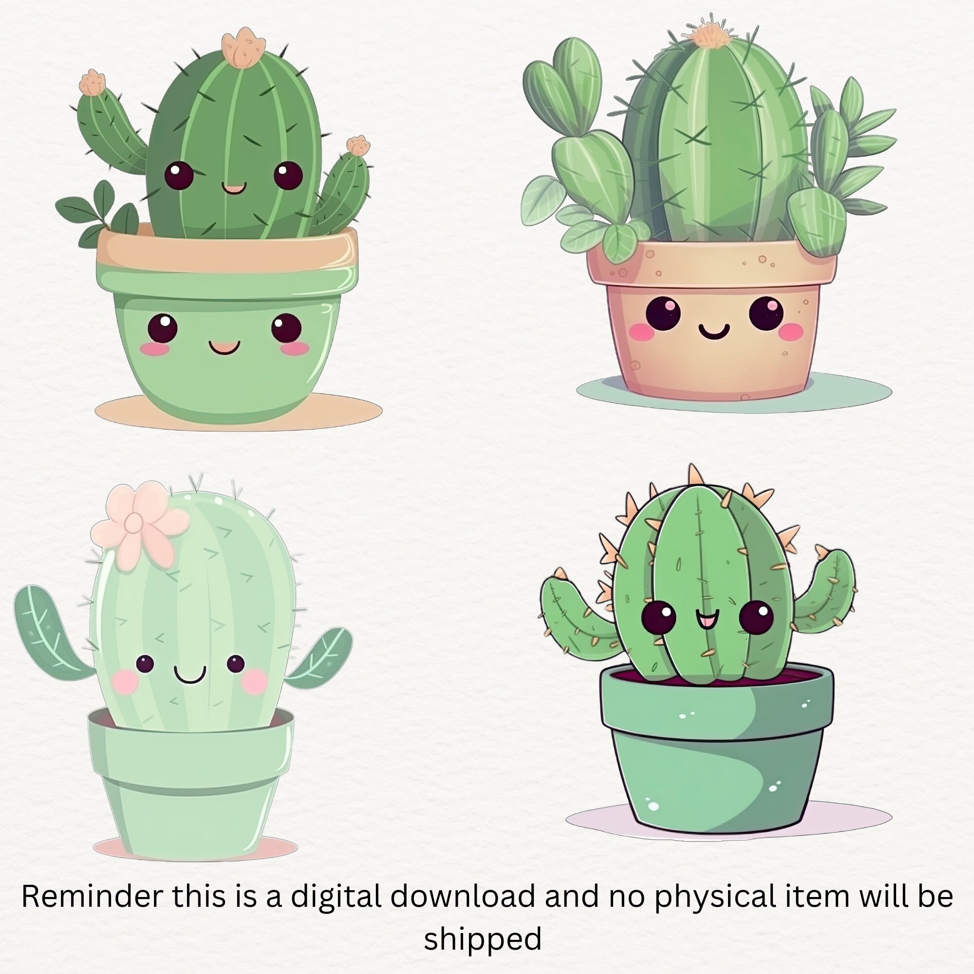 Cute Kawaii Cactus Clipart, Cacti Succulents PNG Bundle, Adorable ...