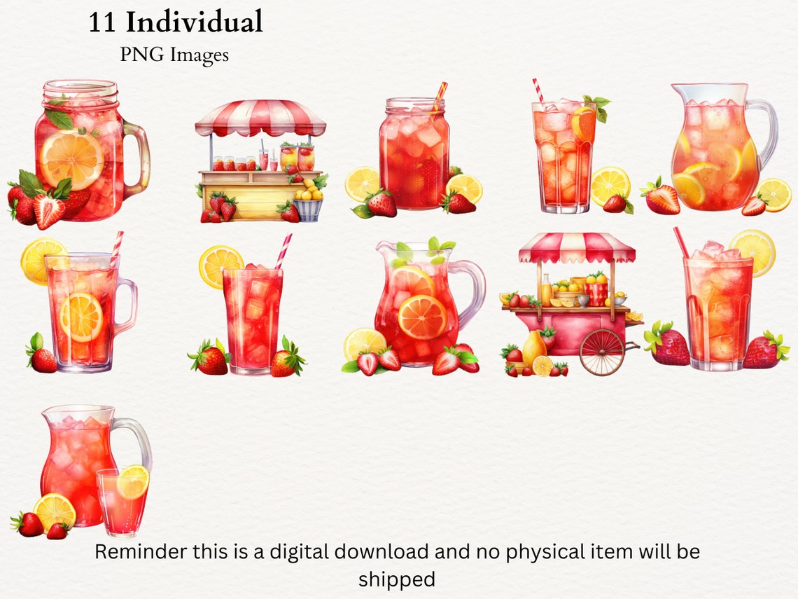 Watercolor Strawberry Lemonade Clipart Bundle, Refreshing Summer Drinks ...