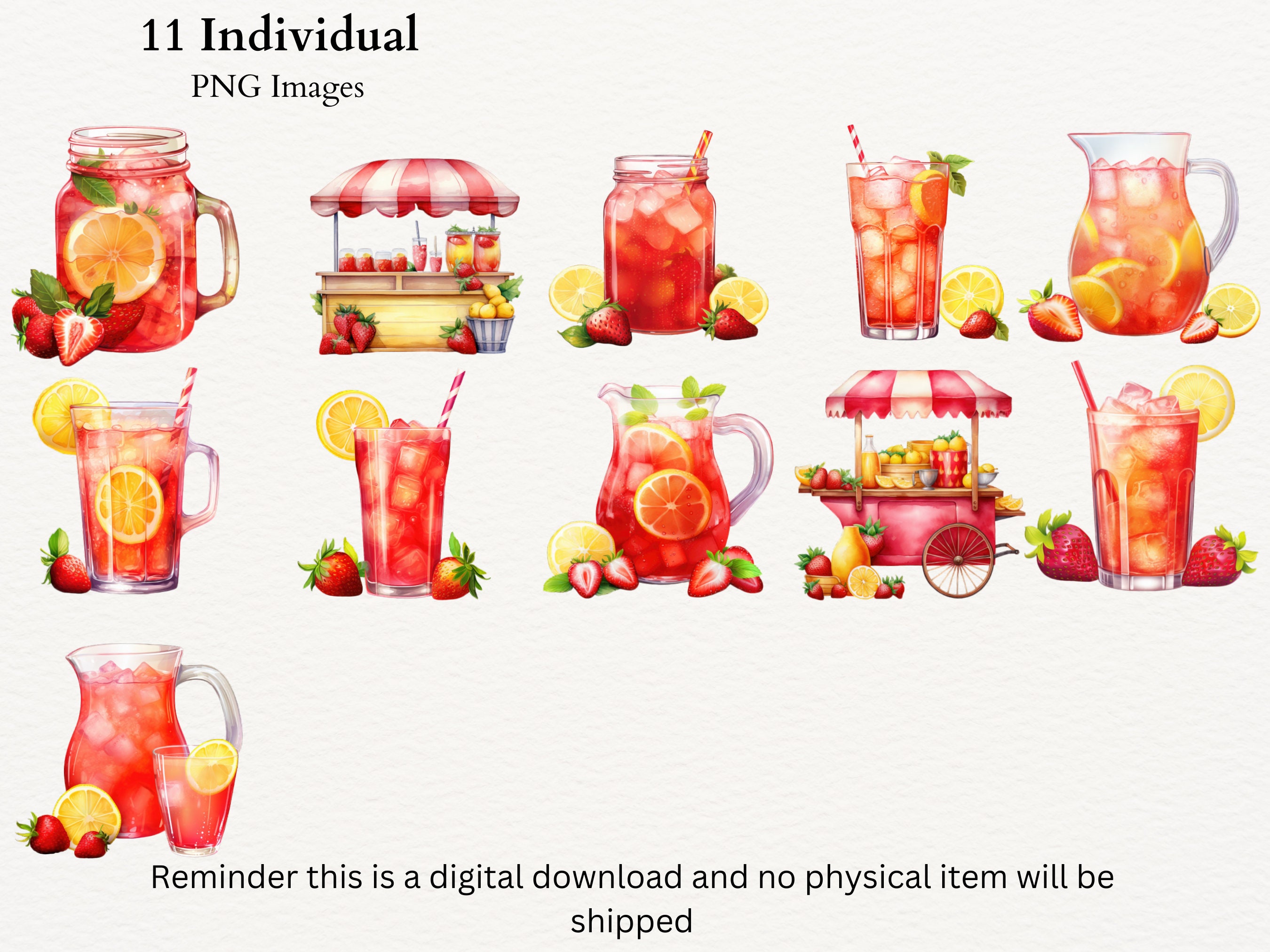 Watercolor Strawberry Lemonade Clipart Bundle, Refreshing Summer Drinks ...