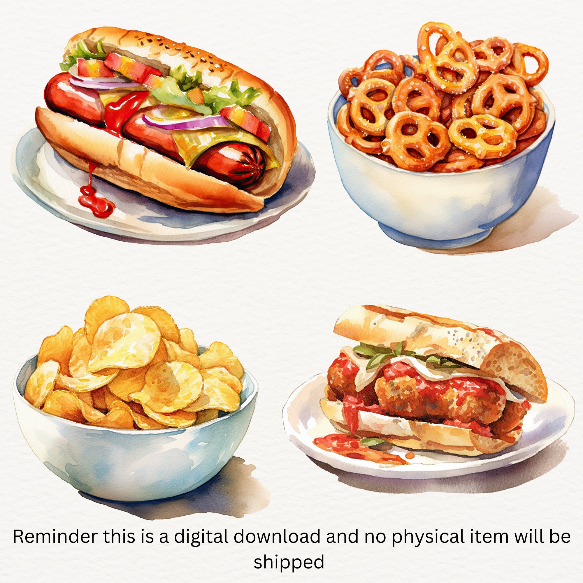 Party Snacks Watercolor Food Clipart Bundle, Transparent Food ...