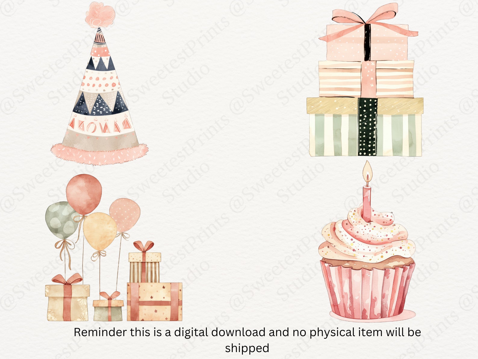Watercolor Cute Pastel Birthday Party Clipart Bundle, Birthday Cake ...