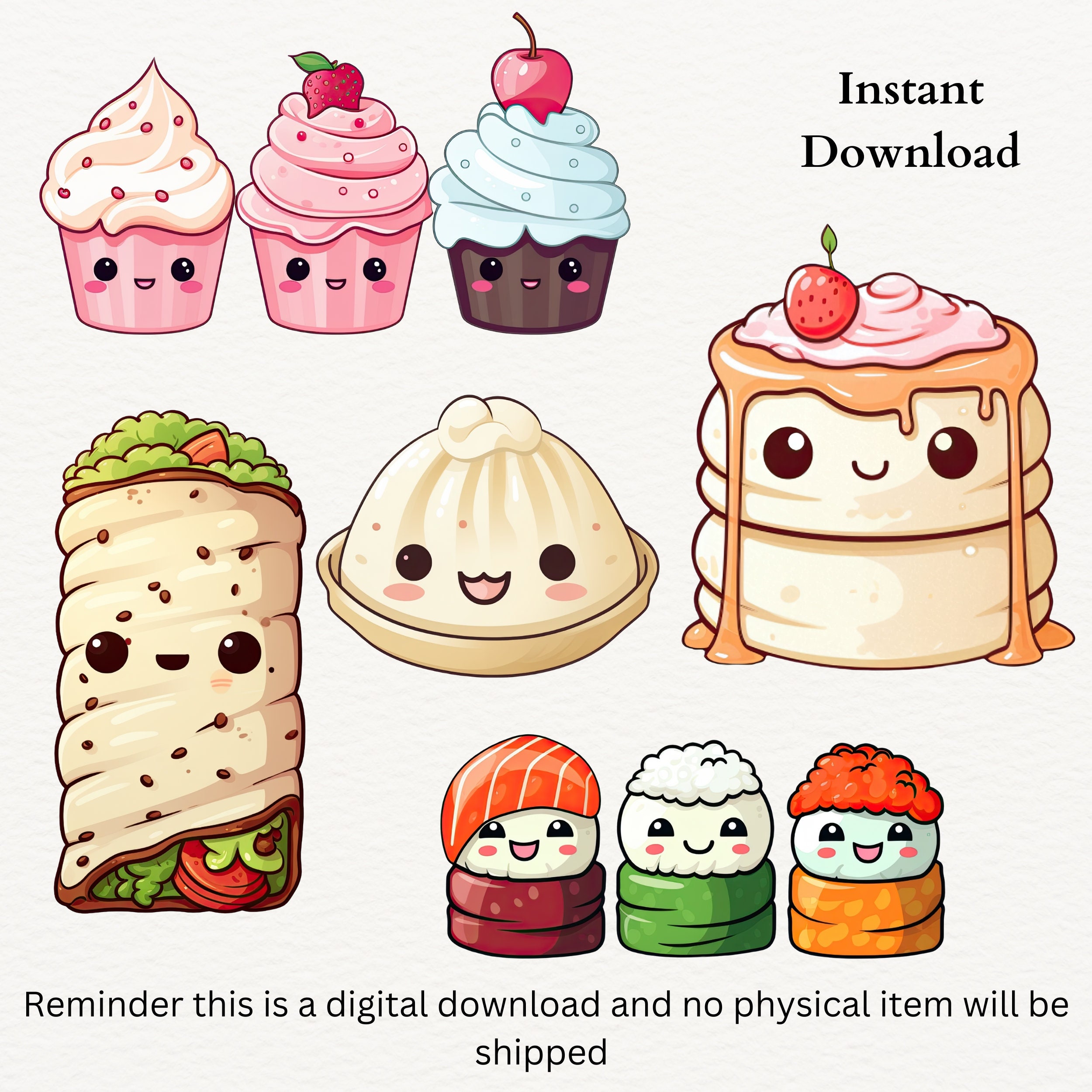 Cute Kawaii Food Stickers Clipart Bundle, Digital Printable Stickers ...