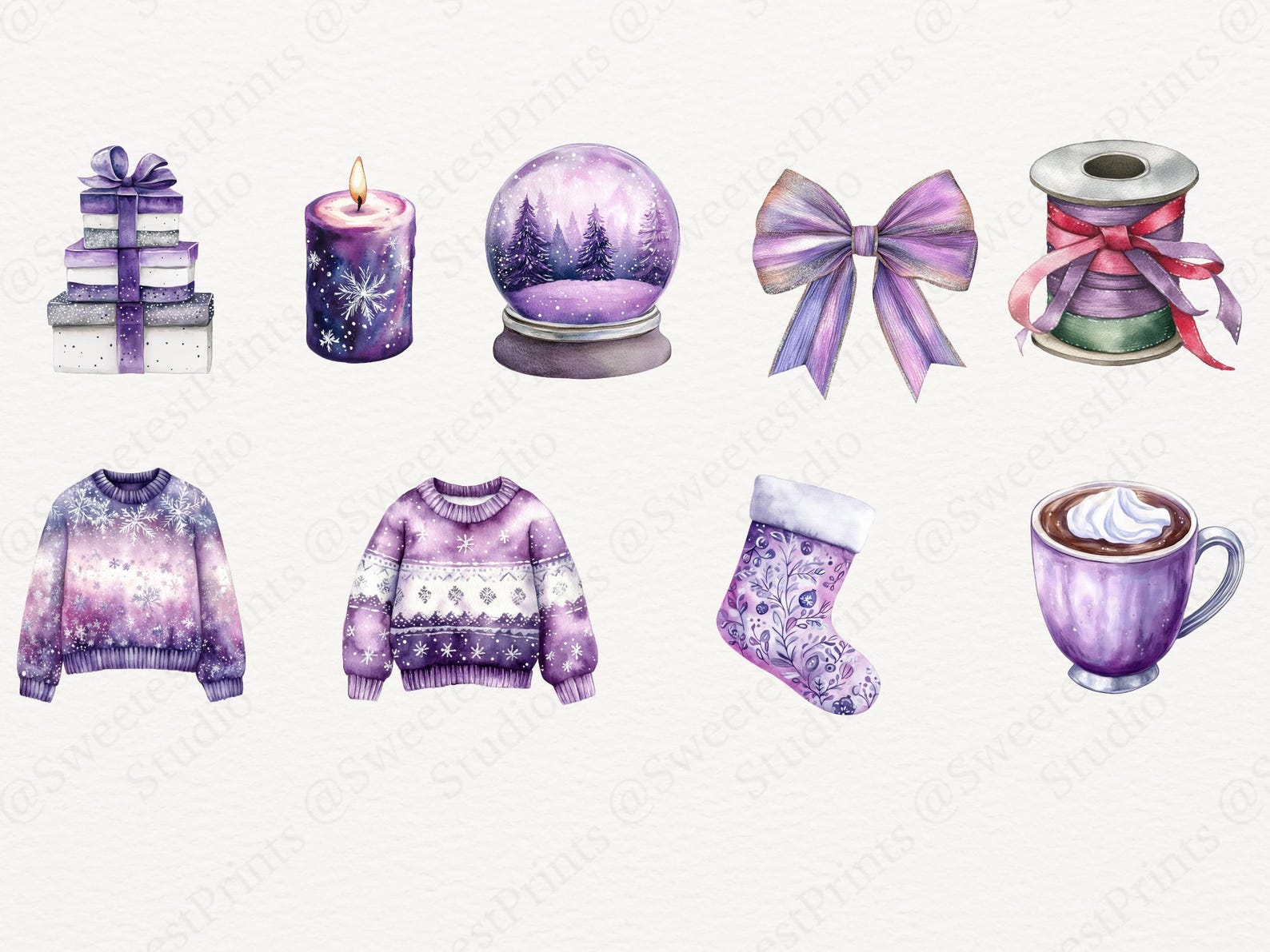 Adorable Purple Christmas Clipart Bundle, Winter Holiday Village ...