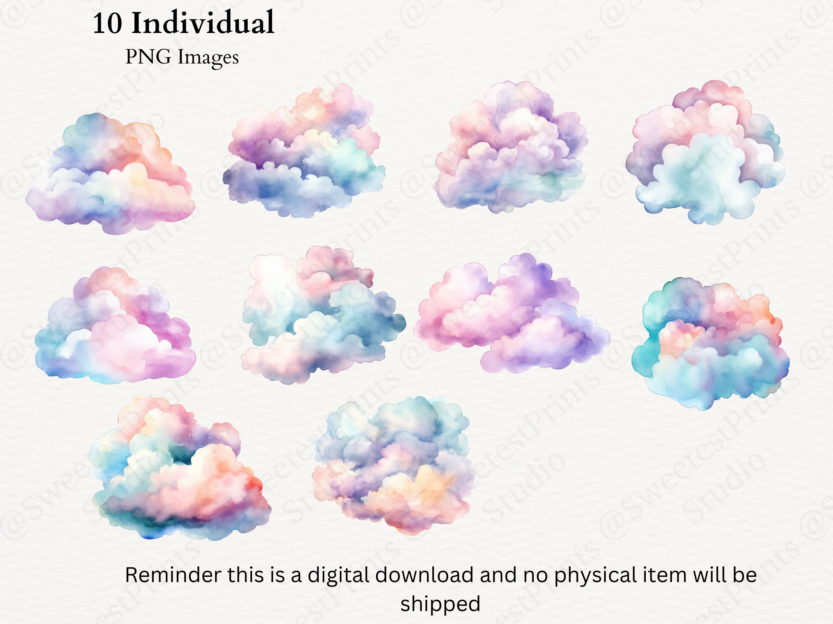 Watercolor Pastel Clouds Clipart Bundle, Cute Nursery Rainbow Digital ...