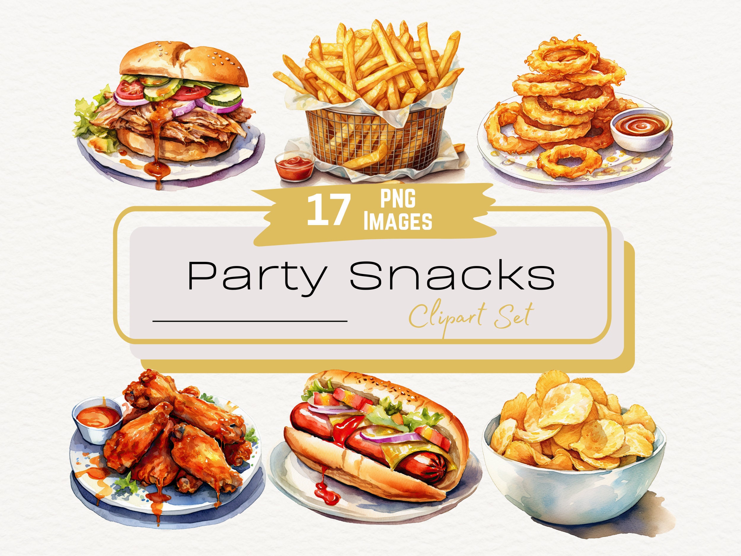 Party Snacks Watercolor Food Clipart Bundle, Transparent Food ...