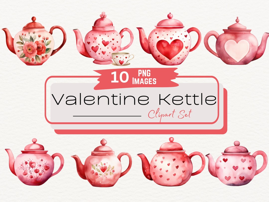 Watercolor Valentine's Day Tea Kettle Clipart, Romantic Valentine ...