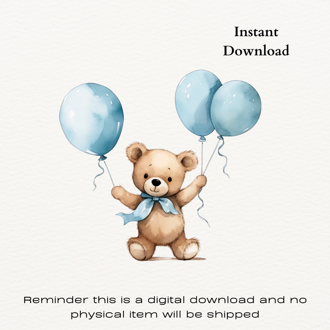 Single Baby Blue Teddy Bear Watercolor Clipart, Baby Shower Balloons ...