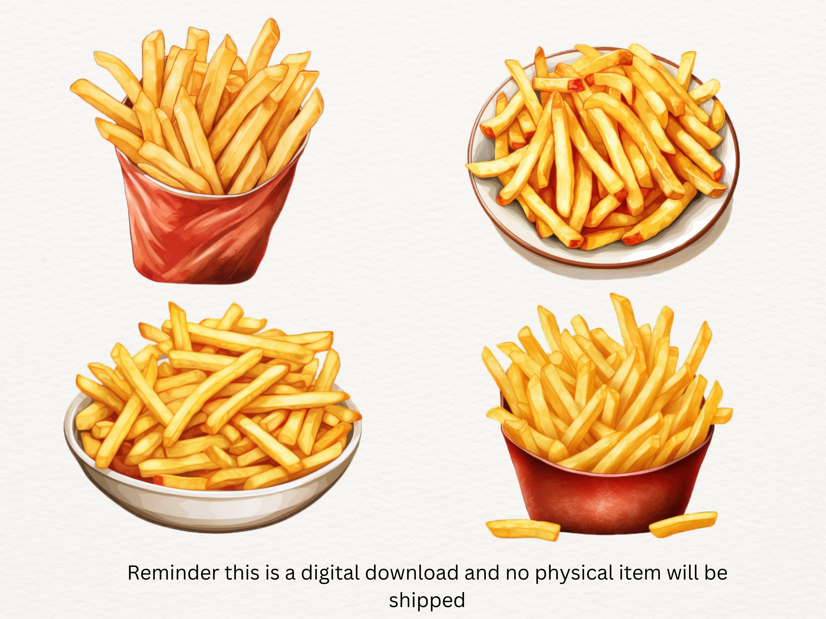 French Fries Watercolor Clipart Bundle, Fast Food Digital Illustration ...