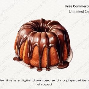 Single Chocolate Bundt Cake Watercolor Clipart, Cute Bundt Cake ...