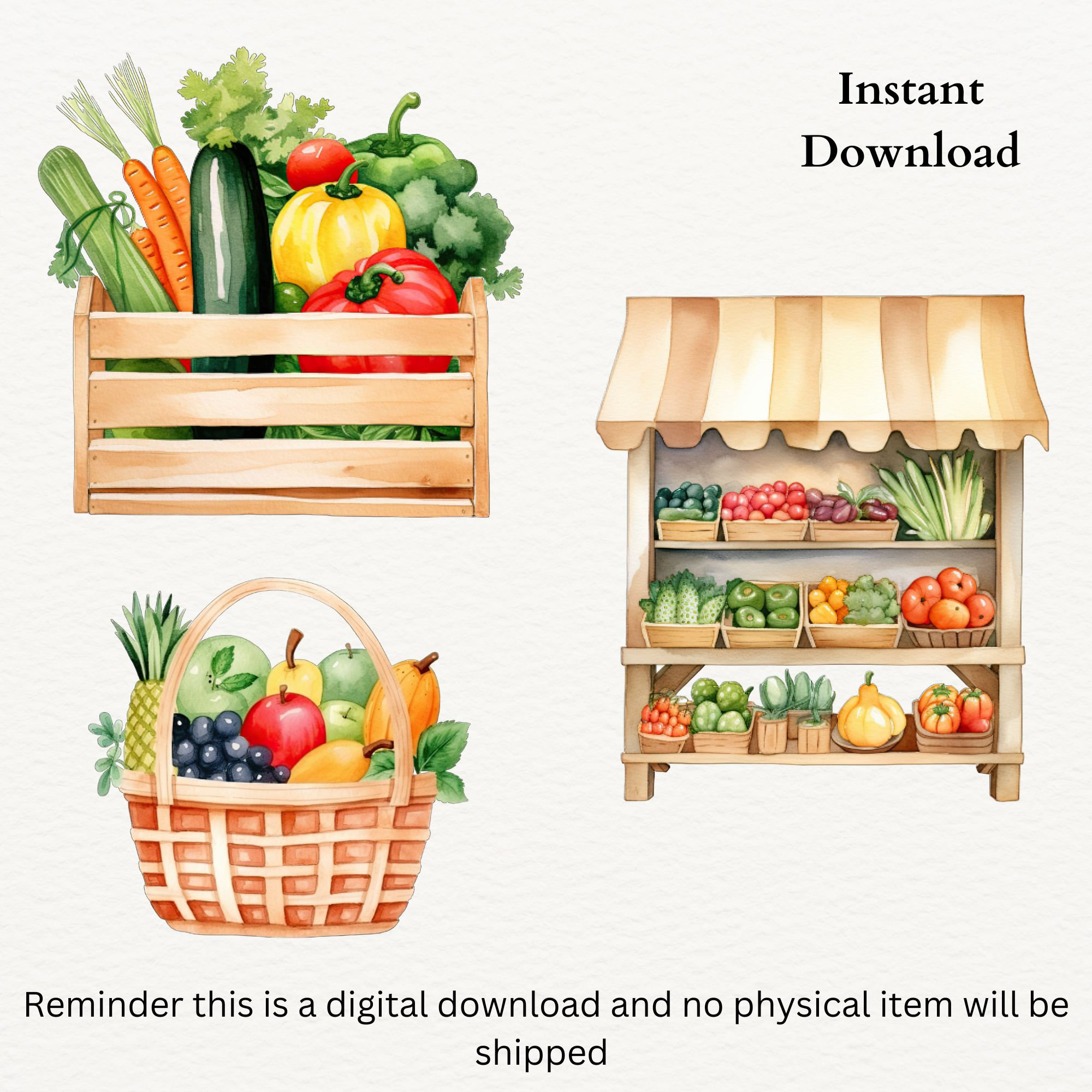 Farmers Market Watercolor Clipart, Farmhouse Gardening, Country Kitchen ...