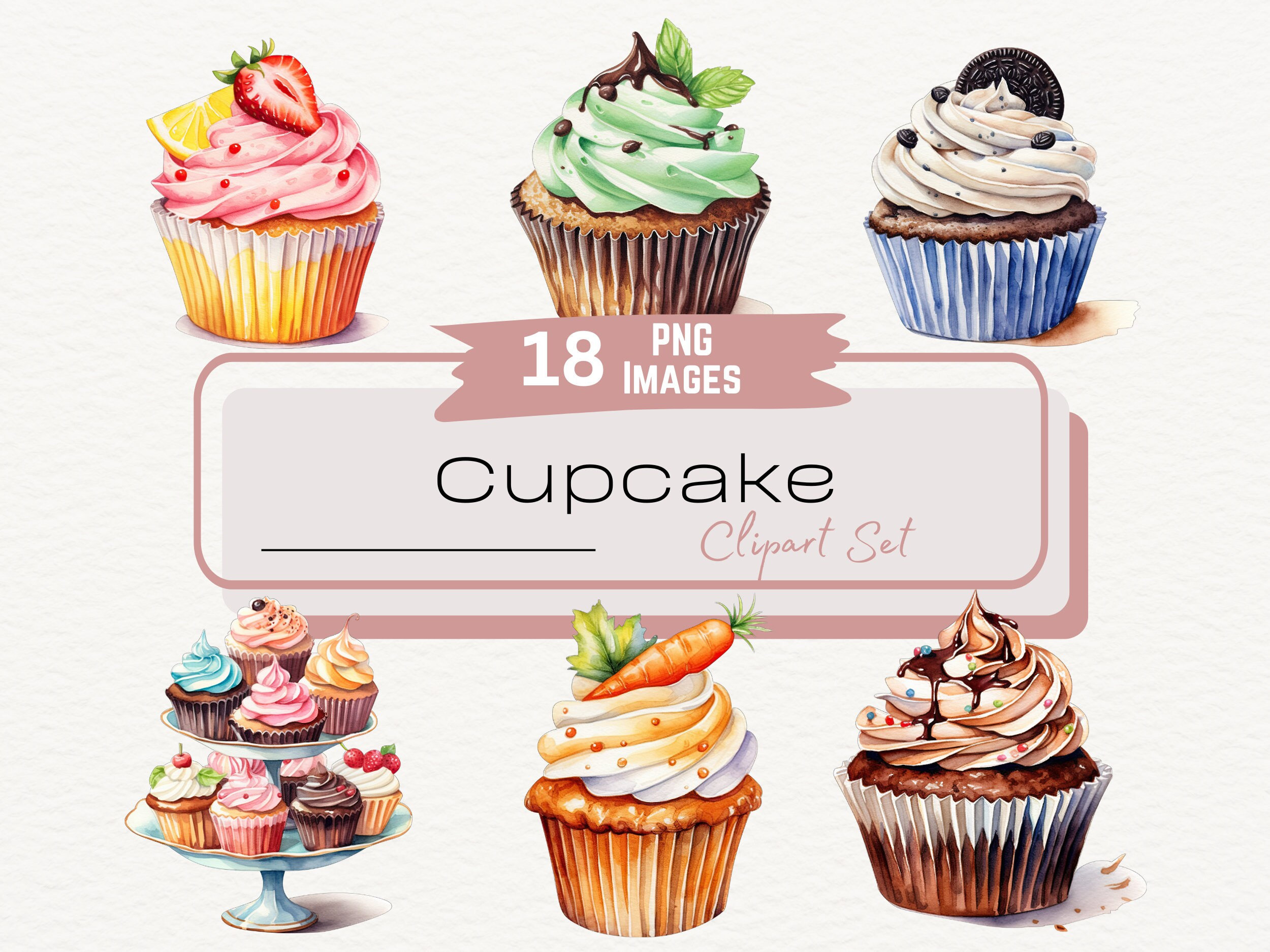 Watercolor Birthday Cupcake Clipart, Party Invitations, Dessert ...