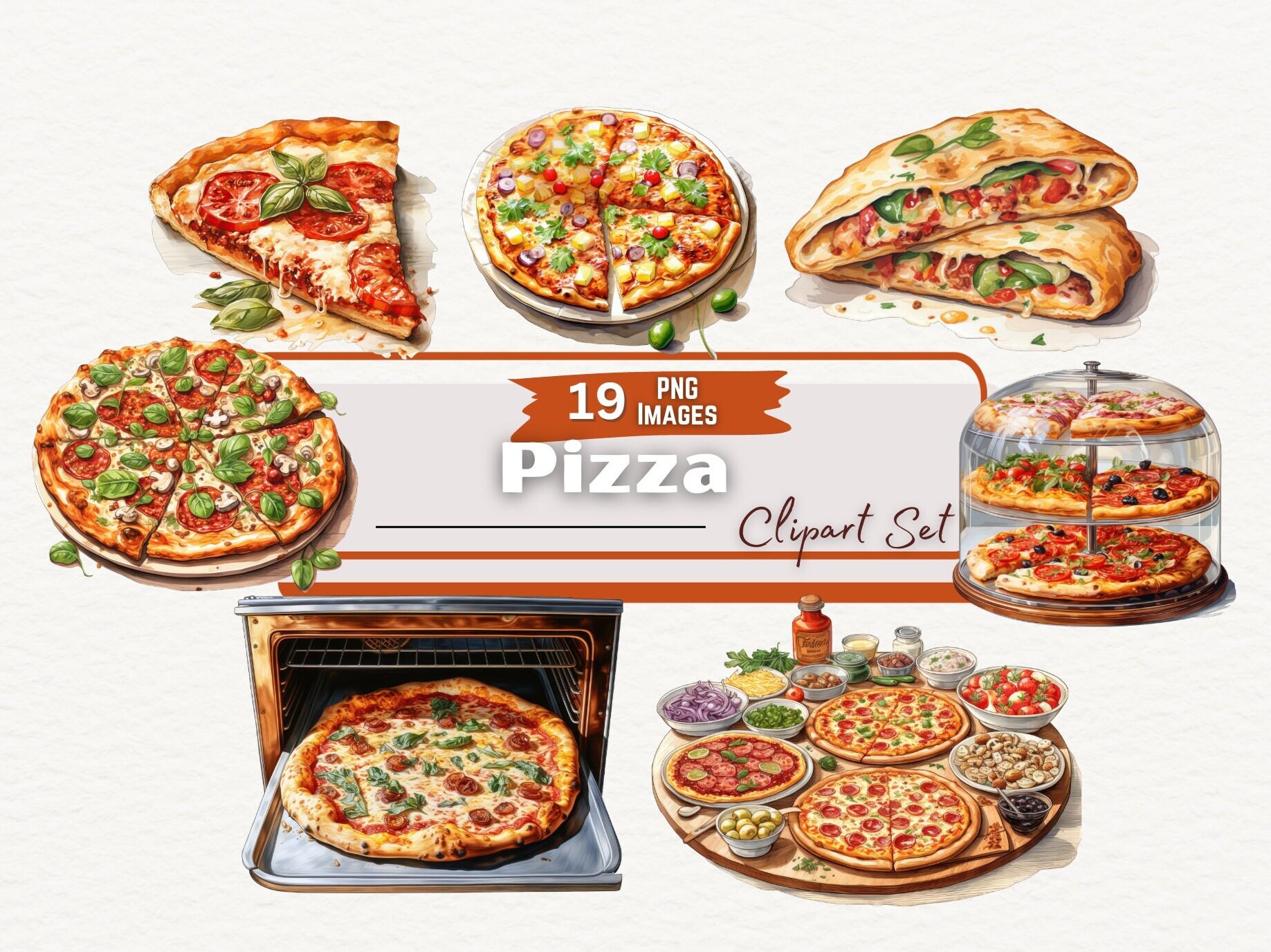 Pizza Party Watercolor Clipart Set Food Clipart Pizza - Etsy