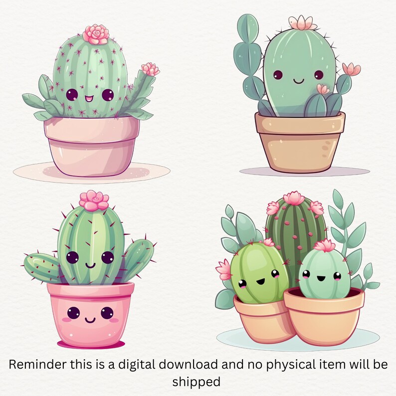 Cute Kawaii Cactus Clipart, Cacti Succulents PNG Bundle, Adorable ...