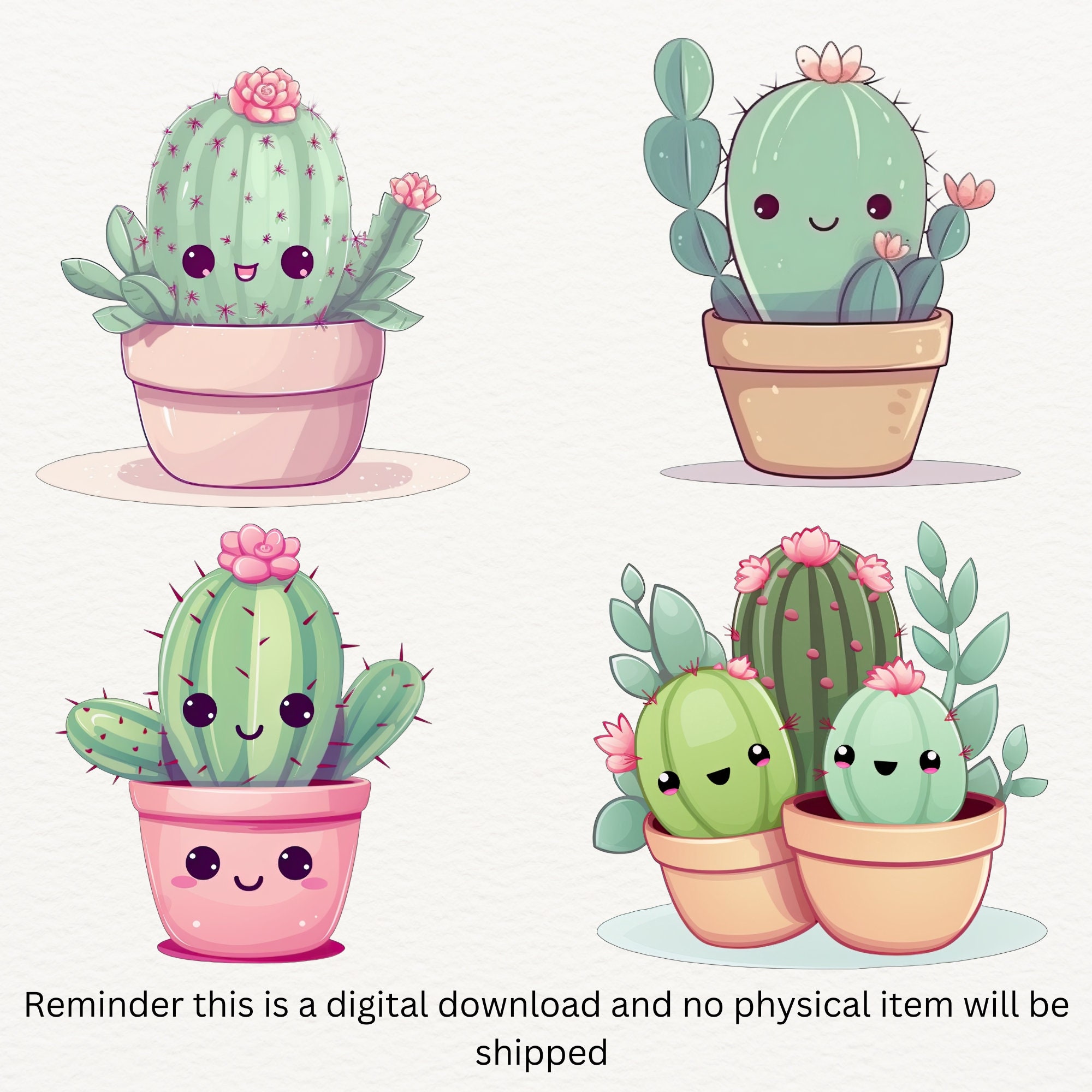 Cute Kawaii Cactus Clipart, Cacti Succulents PNG Bundle, Adorable ...
