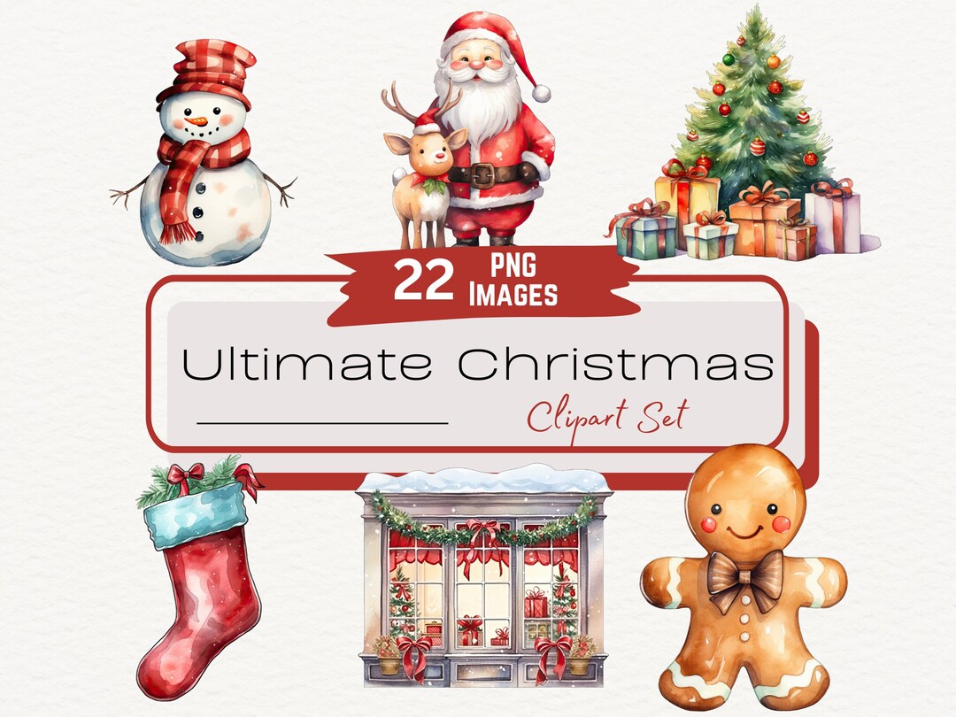 Watercolor Retro Christmas Clipart Bundle, Transparent Holiday Clipart ...