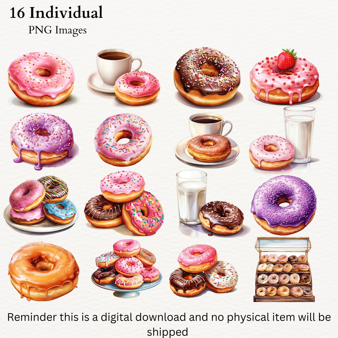 Donut Watercolor Clipart Bundle, Donut and Coffee Digital Food Art ...