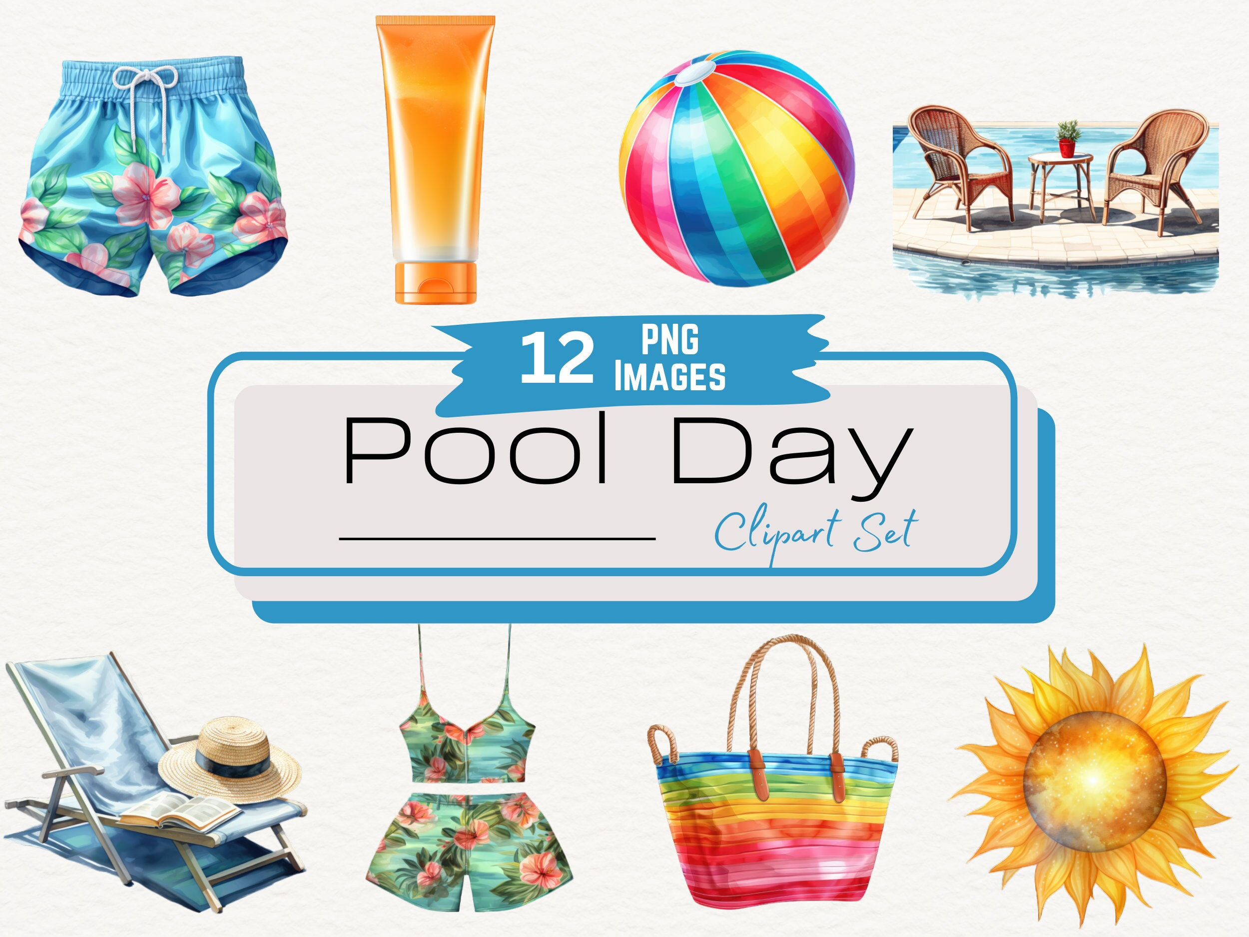 Watercolor Summer Pool Day Clipart Bundle, Vacation Pool Party Digital ...