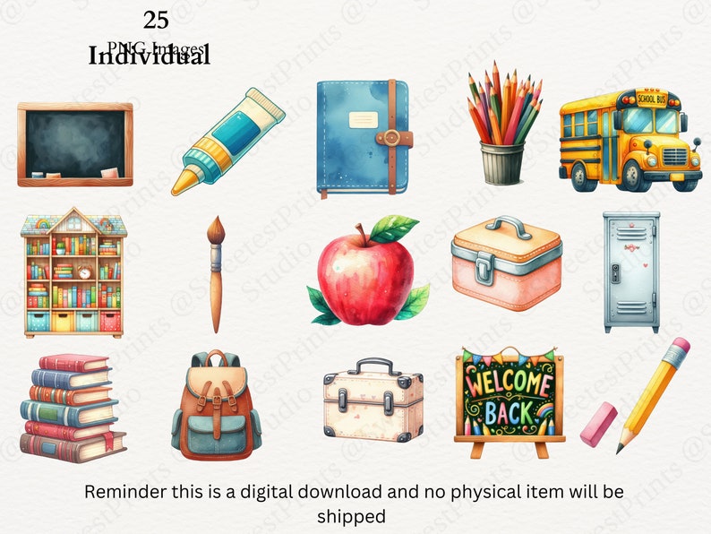 Watercolor Back to School Clipart Bundle, Cute Teacher Classroom Decor ...
