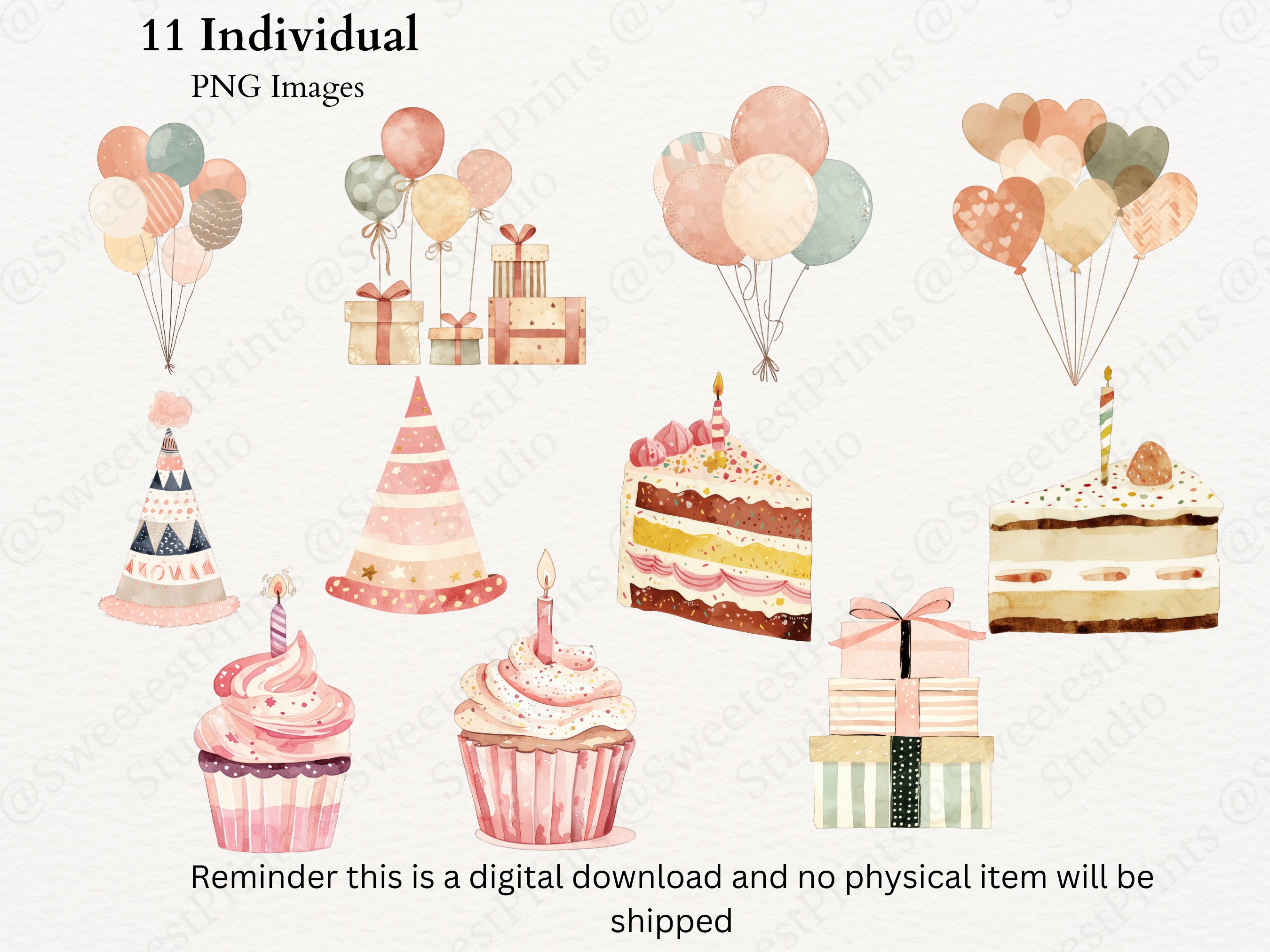 Watercolor Cute Pastel Birthday Party Clipart Bundle, Birthday Cake ...