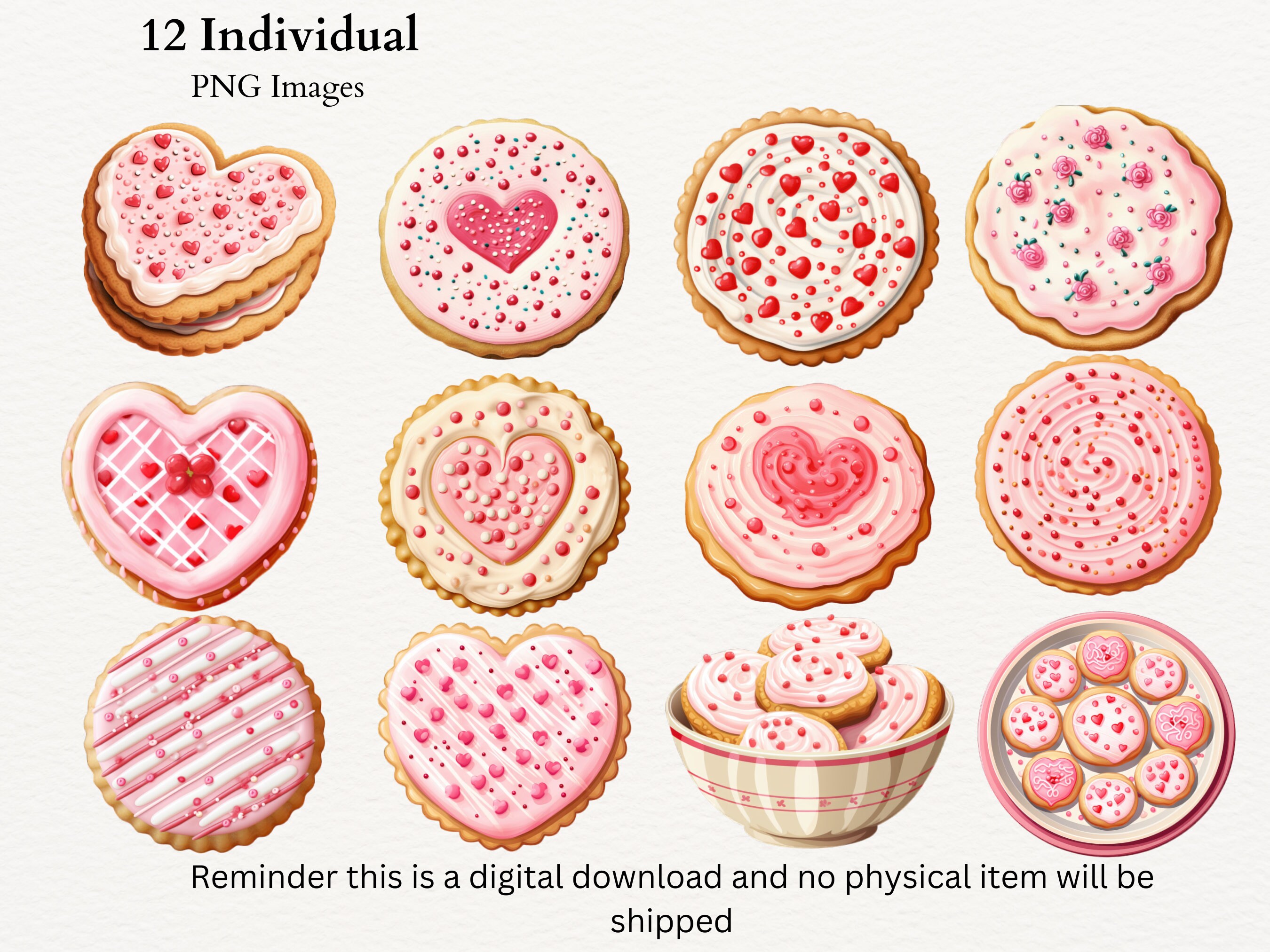 Cute Watercolor Valentine's Day Heart Cookie Clipart Bundle, Pink Red ...