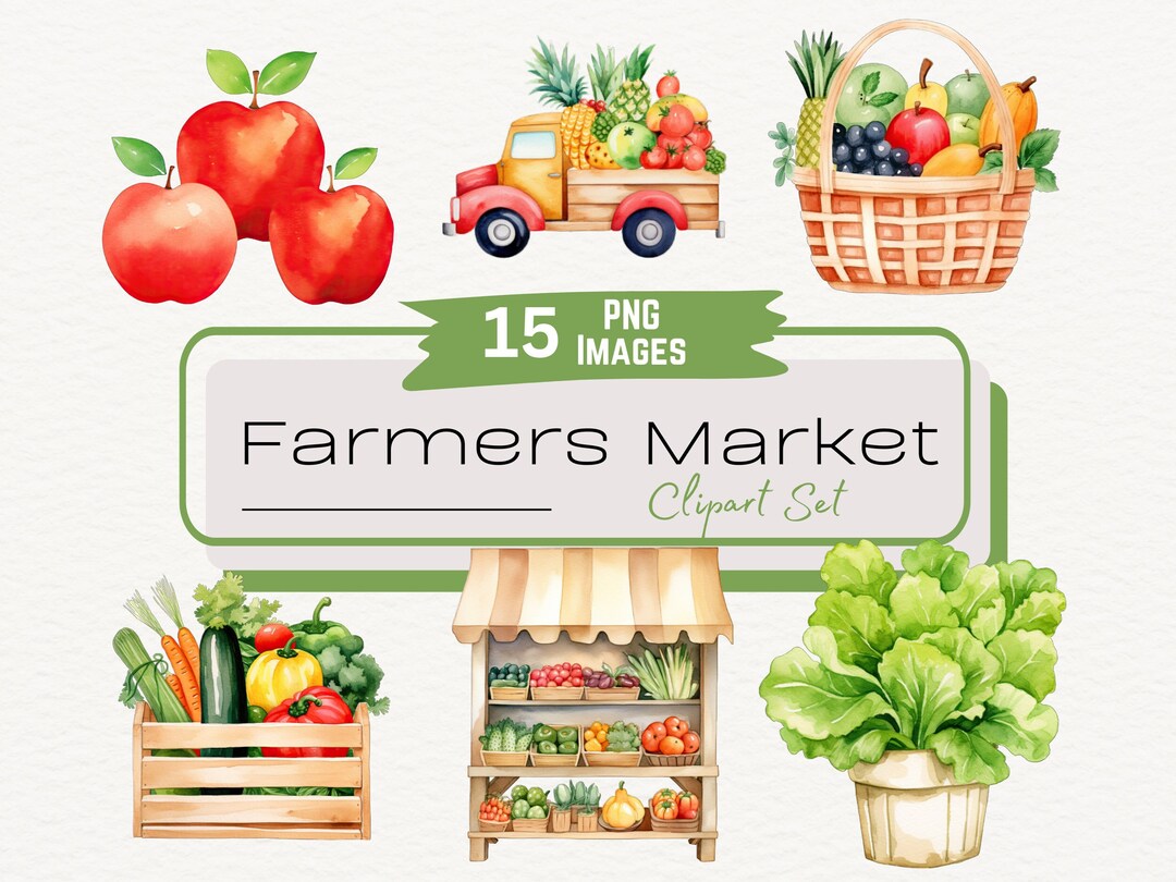 Farmers Market Watercolor Clipart, Farmhouse Gardening, Country Kitchen ...