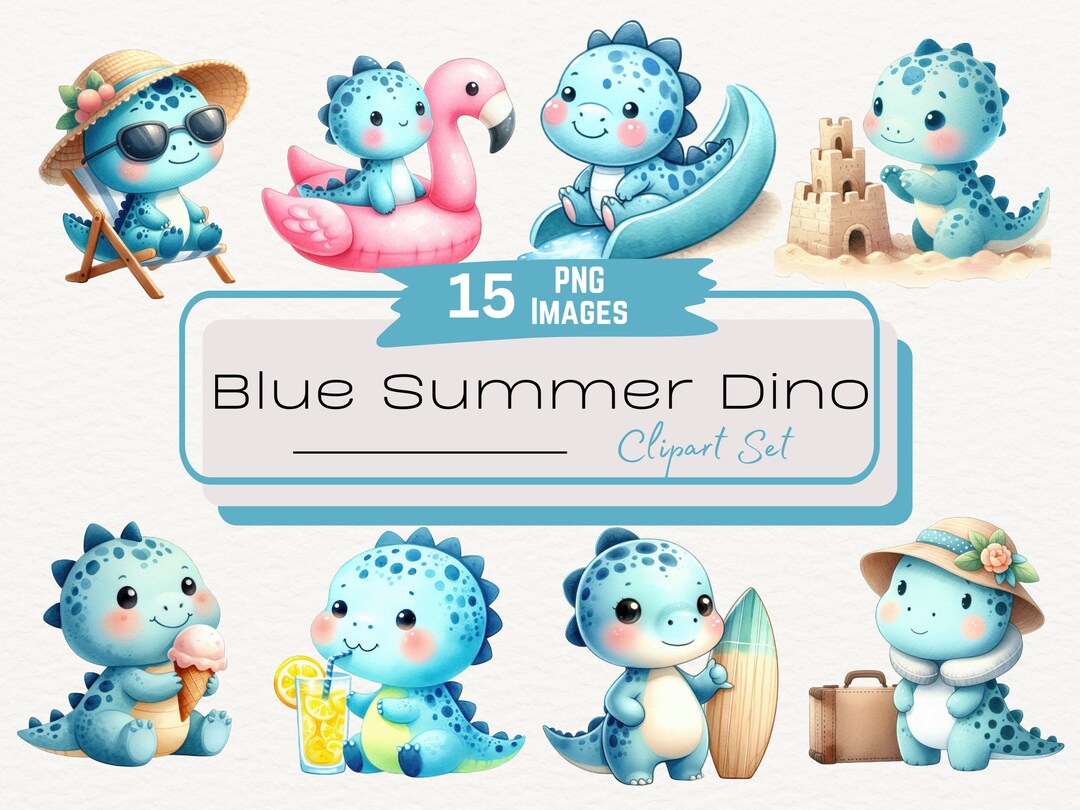 Watercolor Cute Blue Summer Dinosaur Clipart Bundle, Beach Vacation ...