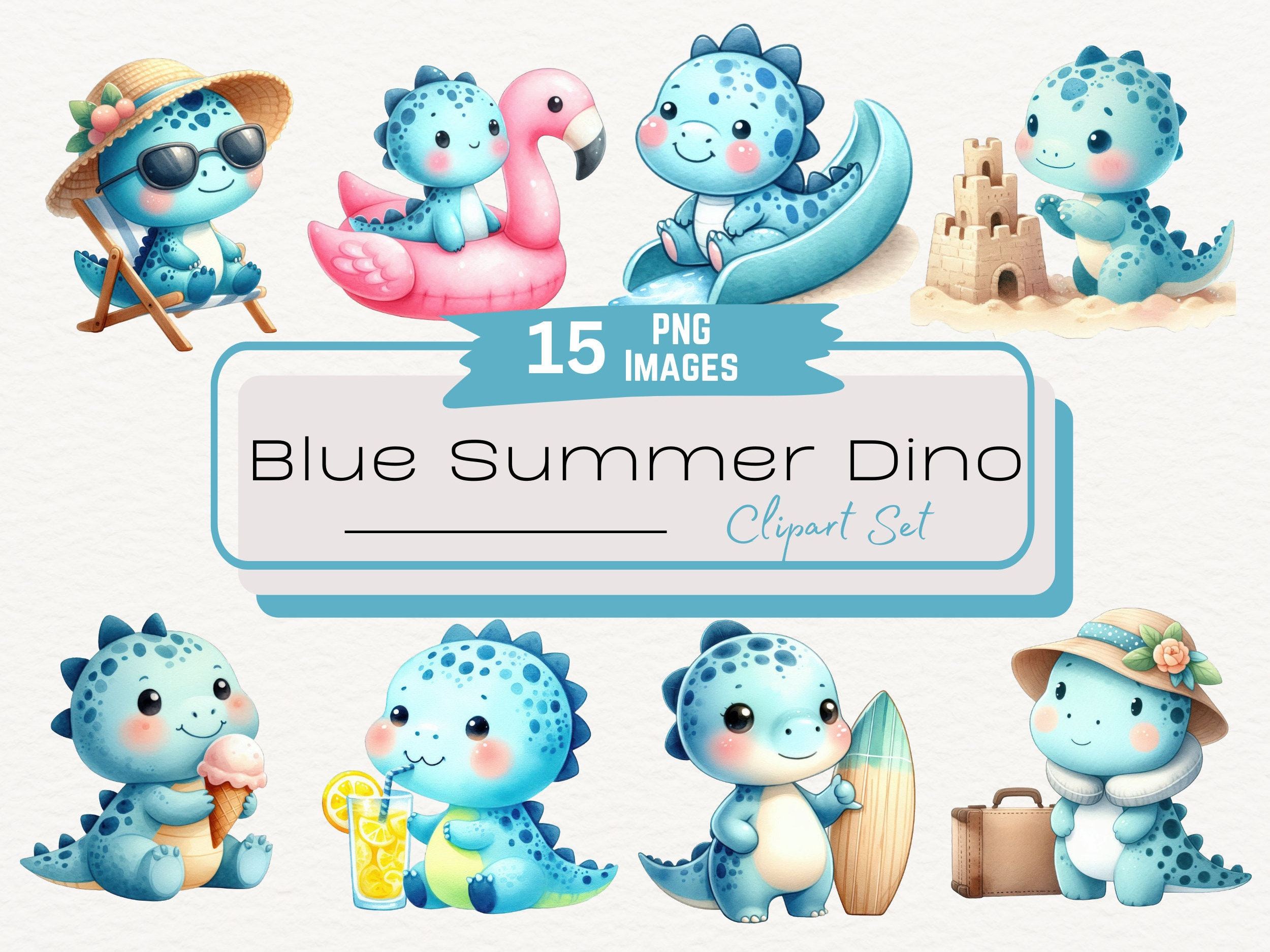 Watercolor Cute Blue Summer Dinosaur Clipart Bundle, Beach Vacation ...