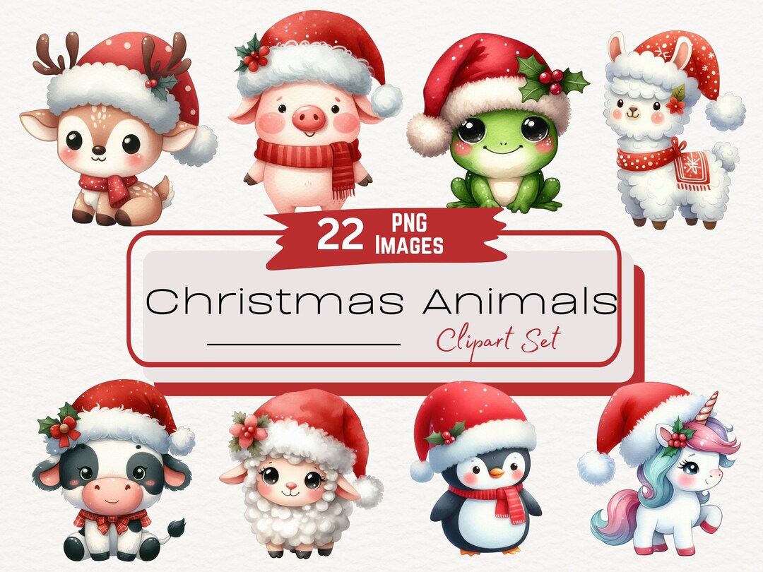 Watercolor Cute Christmas Animal Clipart Bundle, Holiday Party ...
