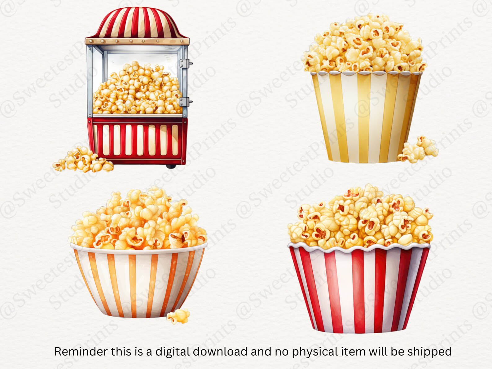 Watercolor Popcorn Digital Clipart, Movie Night Snacks Illustrations ...